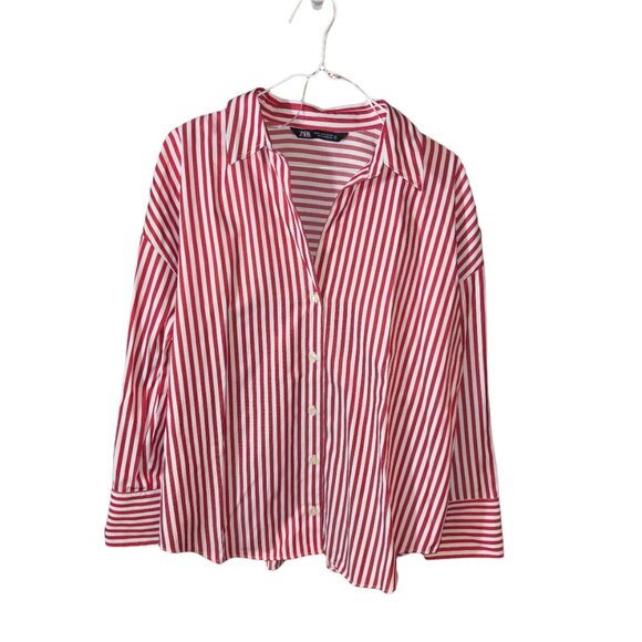 Zara | Tops | Zara Buttondown Collared Red And White Long Sleeve Blouse ...